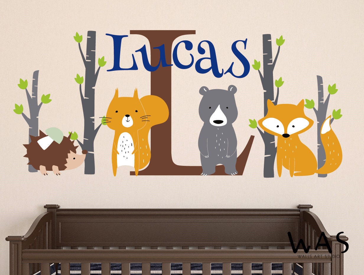 Woodland Animals Name With Monogram Wall Decal Forest Nursery | Etsy