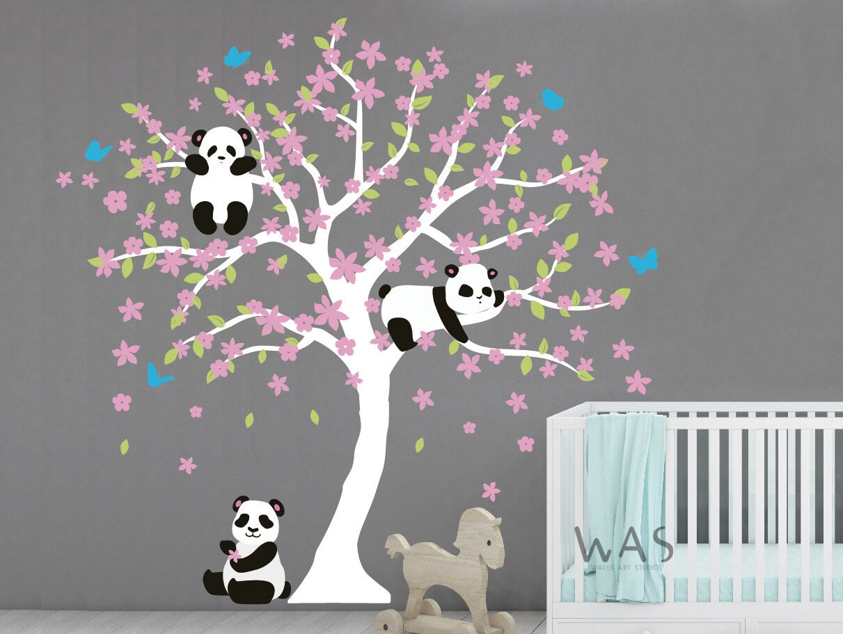 Panda Bear Tree Wall Decal 3 Playful Pandas Bear on Cherry - Etsy