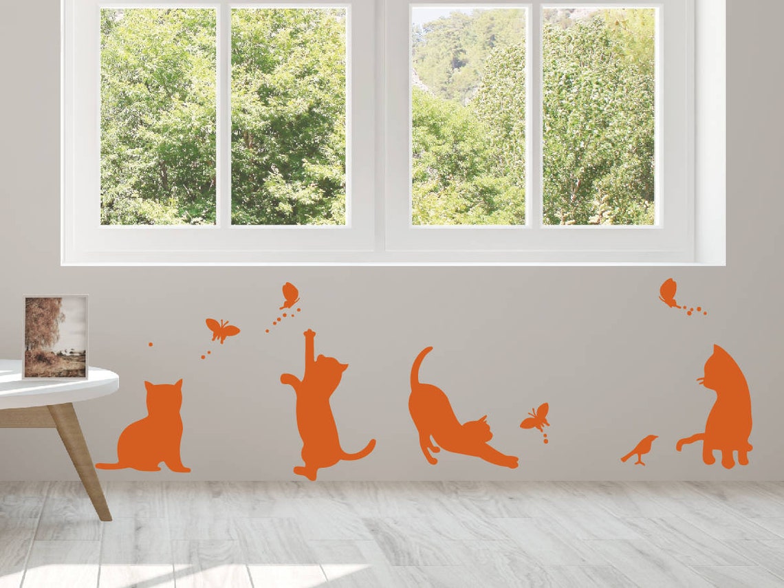 Cute Cats With Butterfly Wall Vinyl Decal, Animal Cats Wall Decal ...