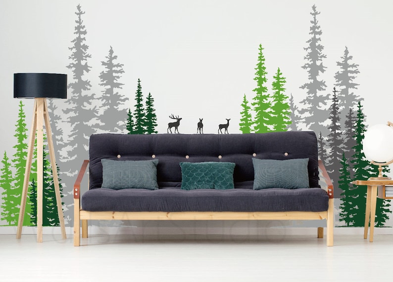 Forest Pine Trees Wall Decal , Pine Tree With Deers Wall Decal,large ...