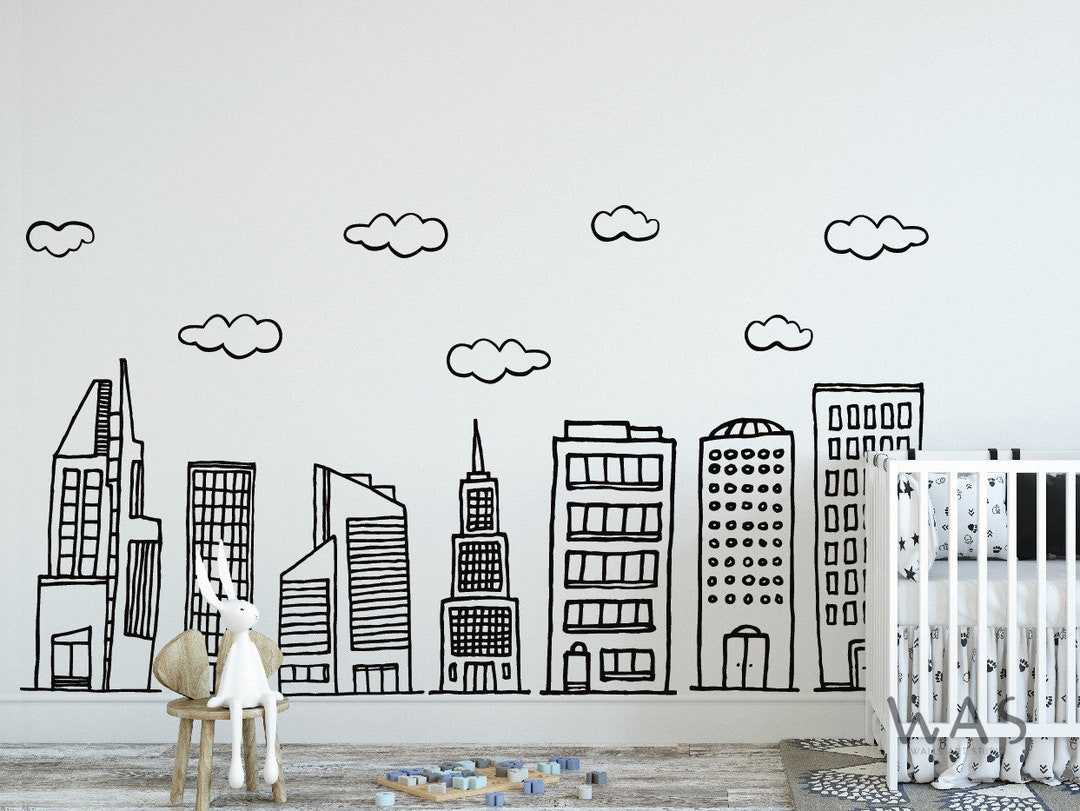 Doodled City Skyline Hand Drawing Wall Decal for Kids Room Playroom ...