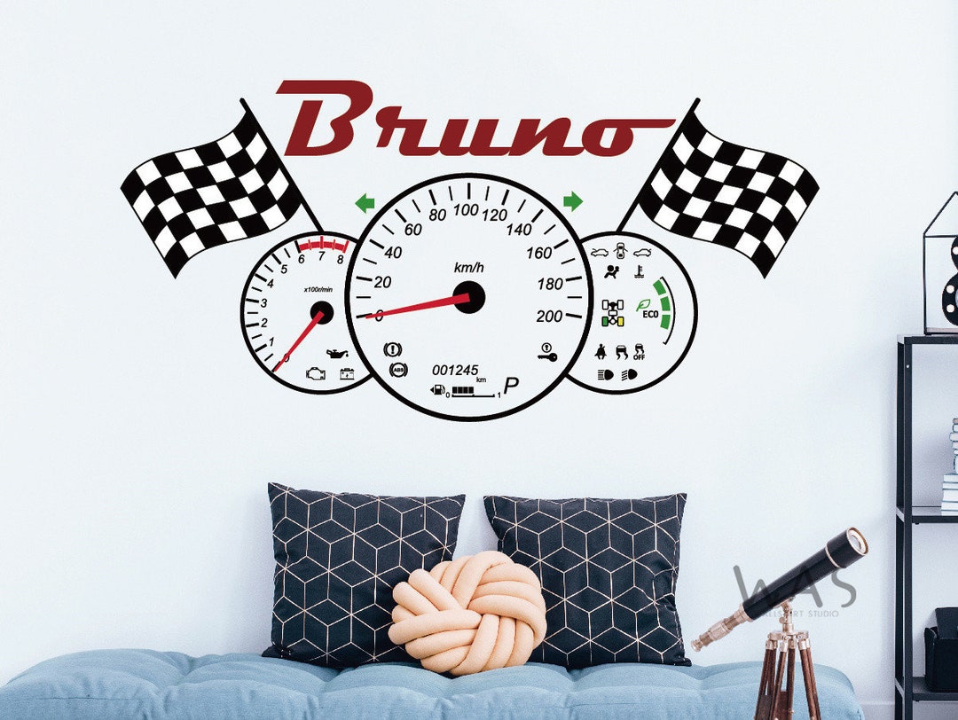 Boy Custom Name With Race Flag Speedometer Wall Decal,speedometer With ...