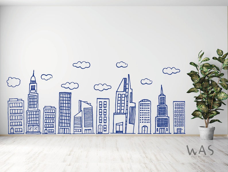Doodled City Skyline Hand Drawing Wall Decal for Kids Room - Etsy