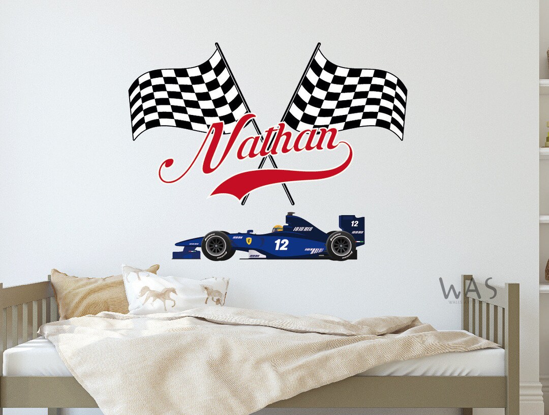 Personalized Race Car Flags Wall Decal, Boy Nursery Racing Checkered ...