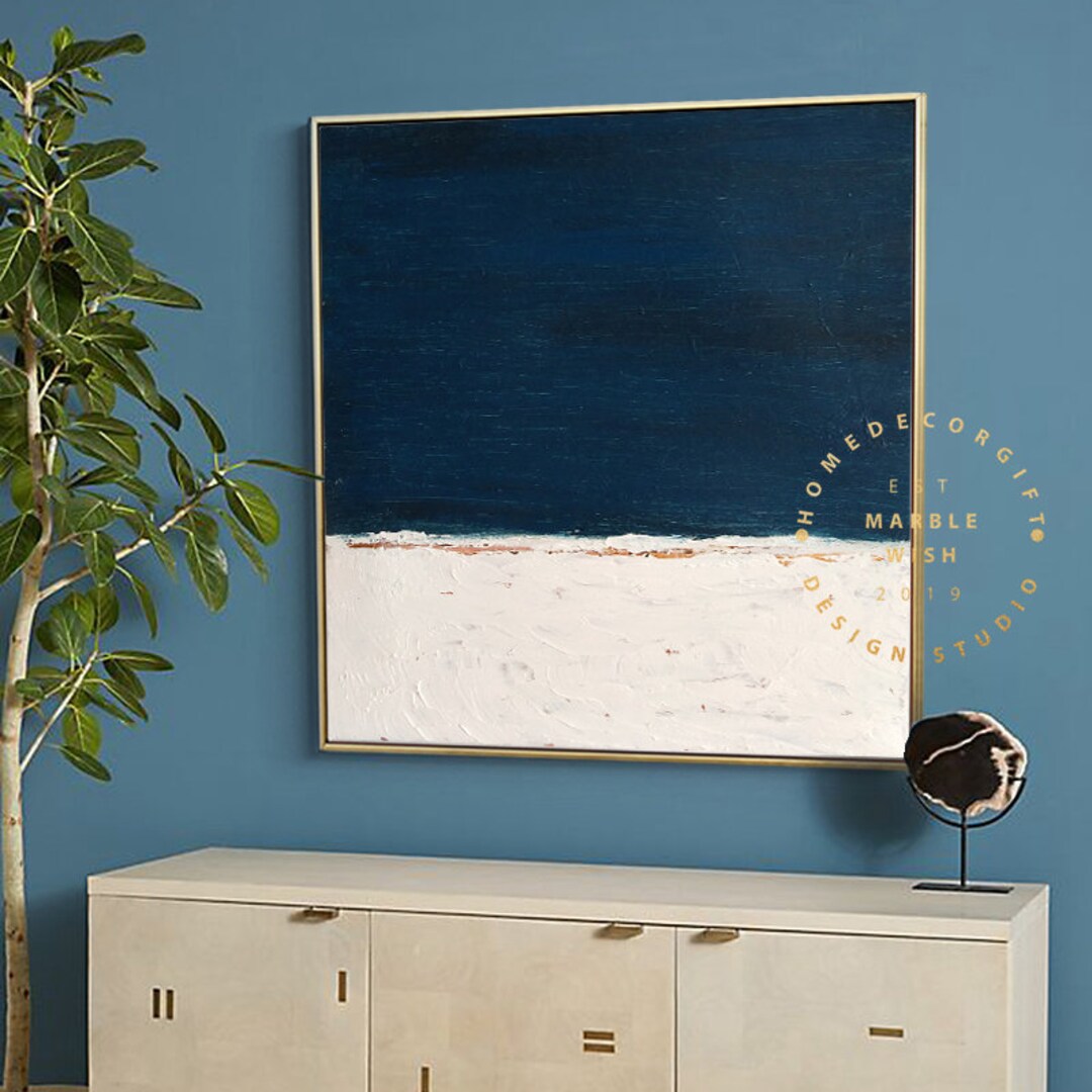 Large Navy Blue Oil Paintings on Canvas, Calming Blue Painting, Large ...