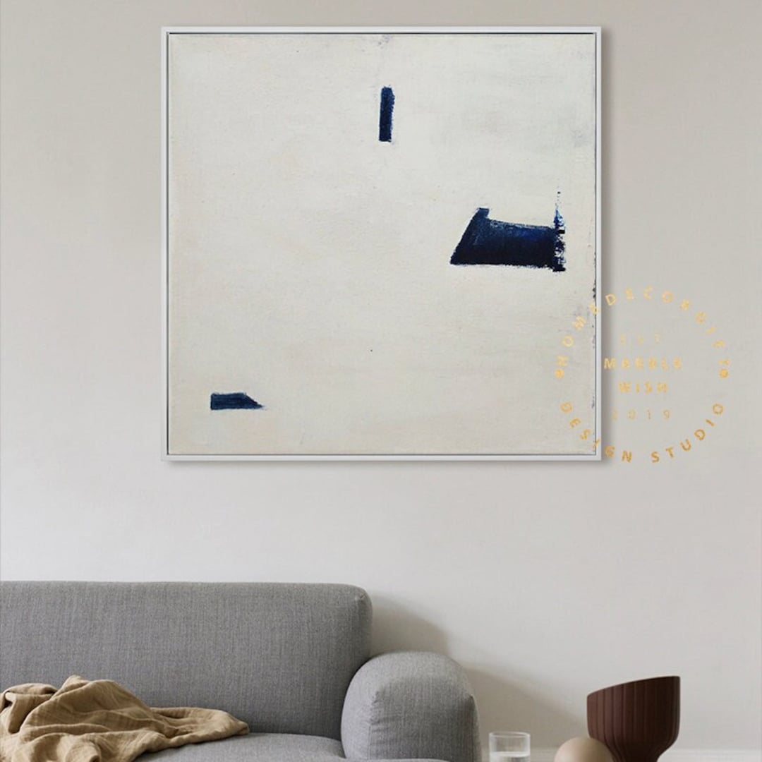Large White Canvas Painting Navy Blue Minimal Abstract Art - Etsy