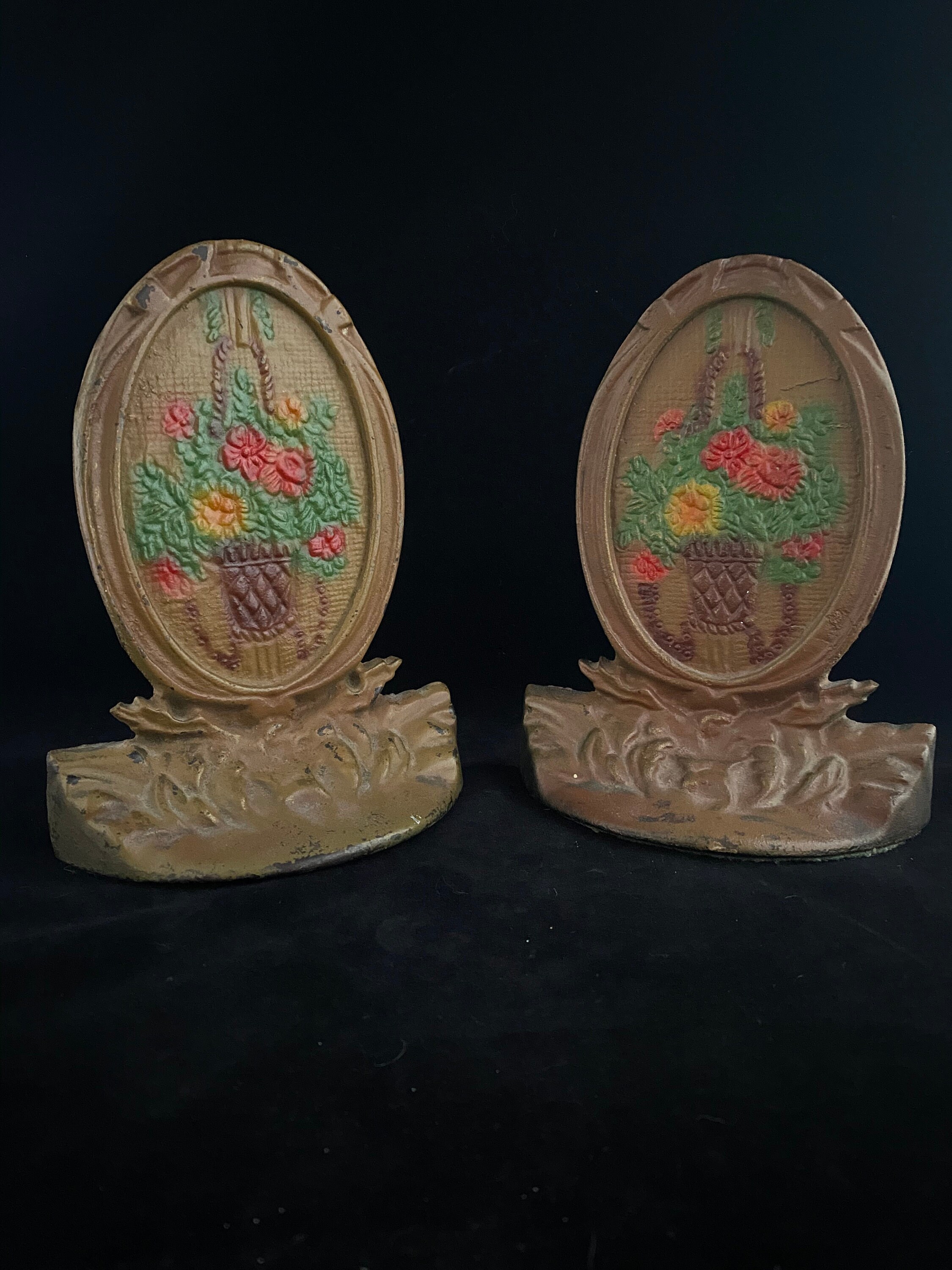 Cast Iron Oval Bookends / Vintage Painted Floral Bookends / Picture ...
