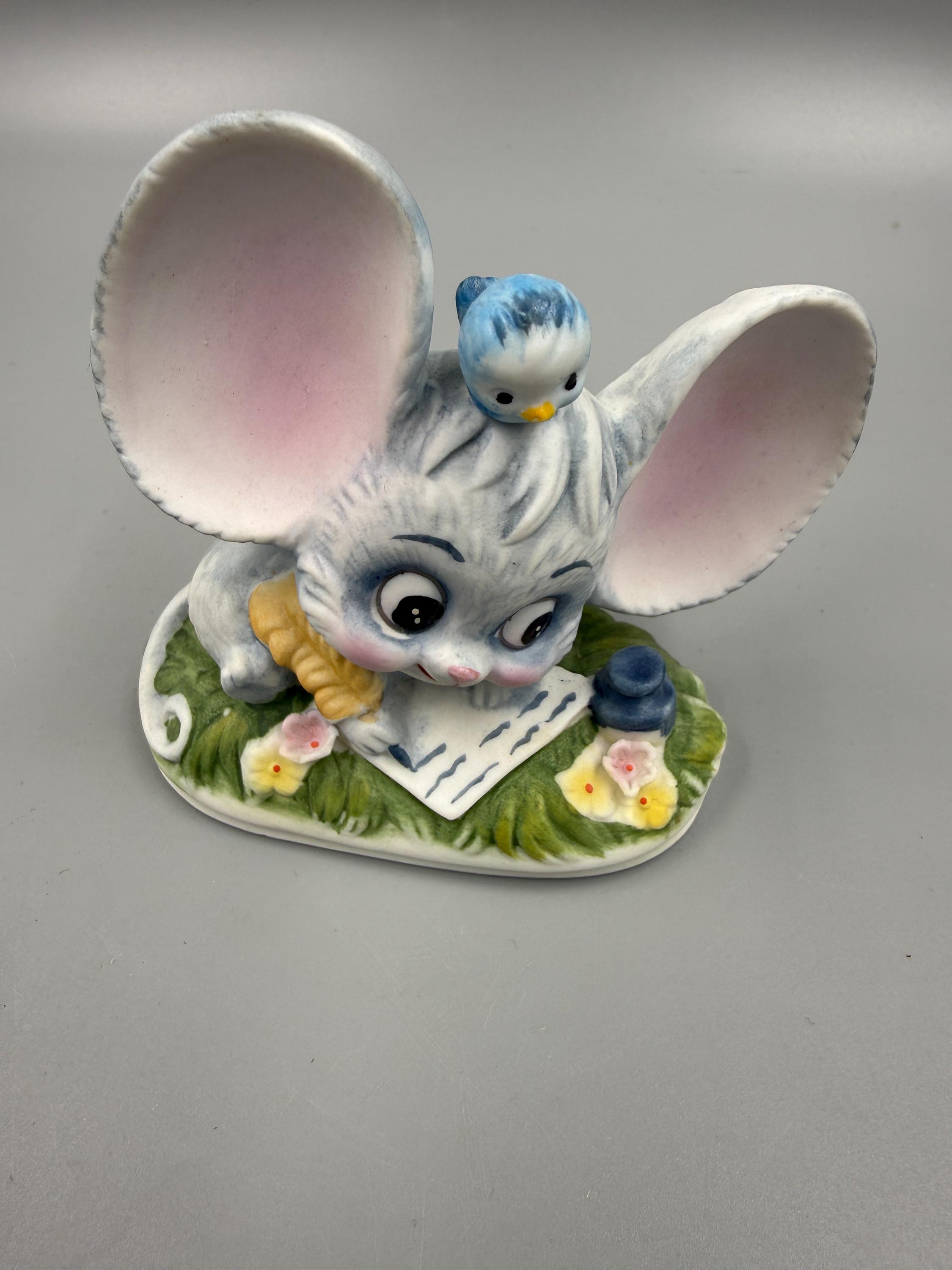 Vintage Lefton Mouse Figurine Big Ear Bluebird Japan Bisque Whimsical ...