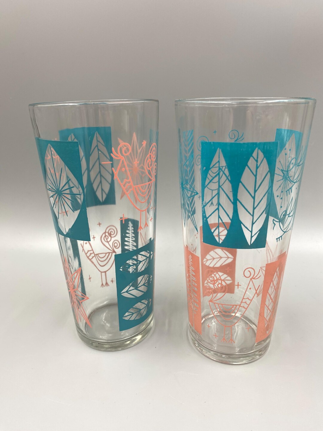 Mid Century / Vintage MCM Tall High Glass Tumblers Birds Leaves Star ...