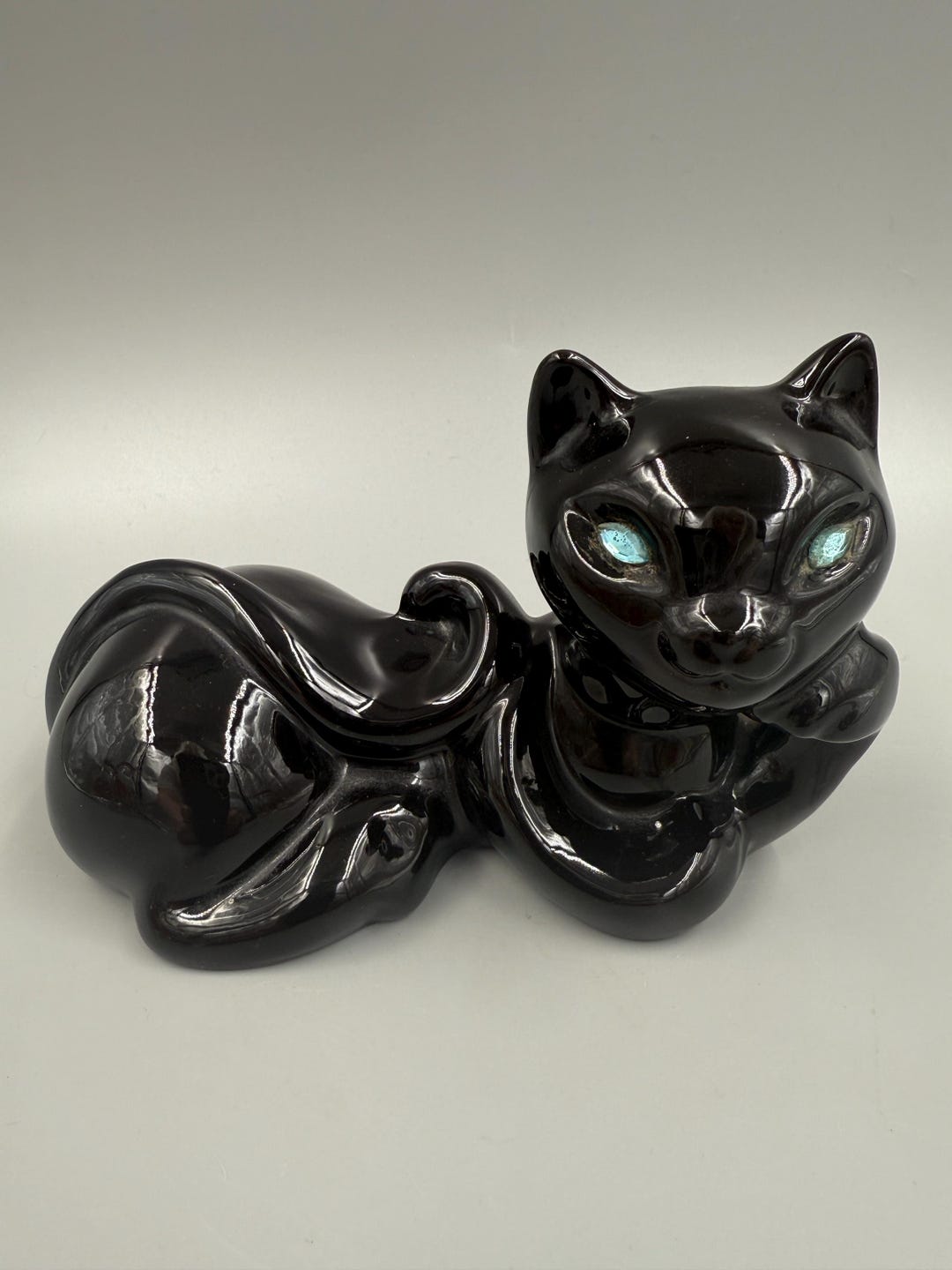 Cat / Vintage Black Cat Ceramic Figurine Jewel Eyes / Mid Century Black ...