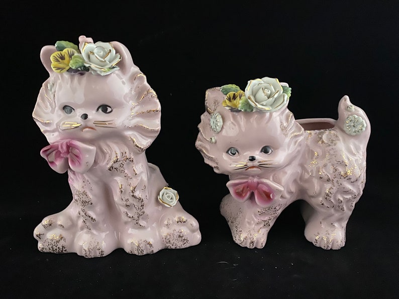 Lefton Pink Cat Planter Pair / Mid Century Modern Cat Vases / | Etsy