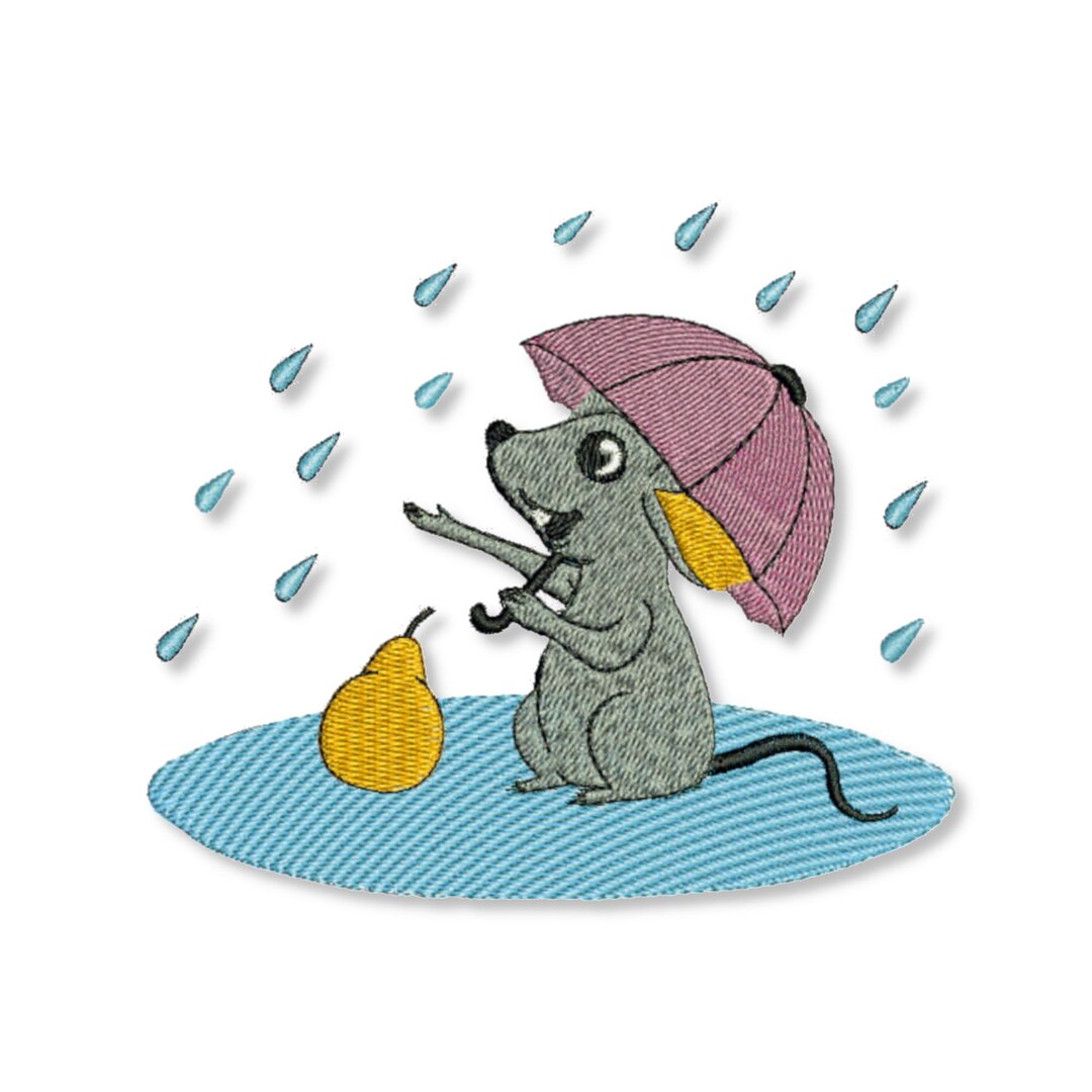 Mouse Machine Embroidery Design Cute Mice With Umbrella Under Rain Pear ...