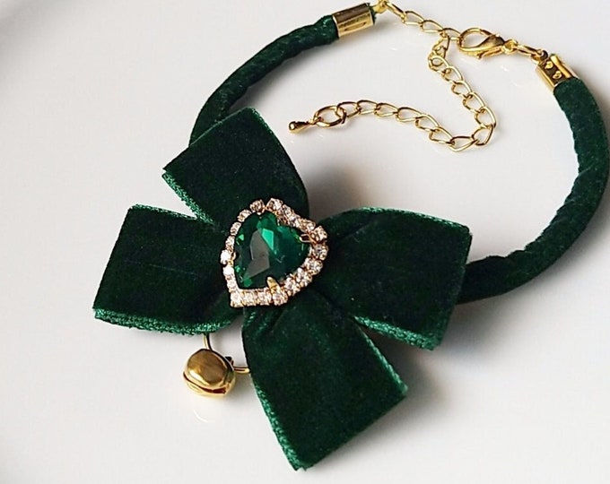 Emerald Green Necklace/dark Green Cat Collar/bow Tie With Bell/emerald ...