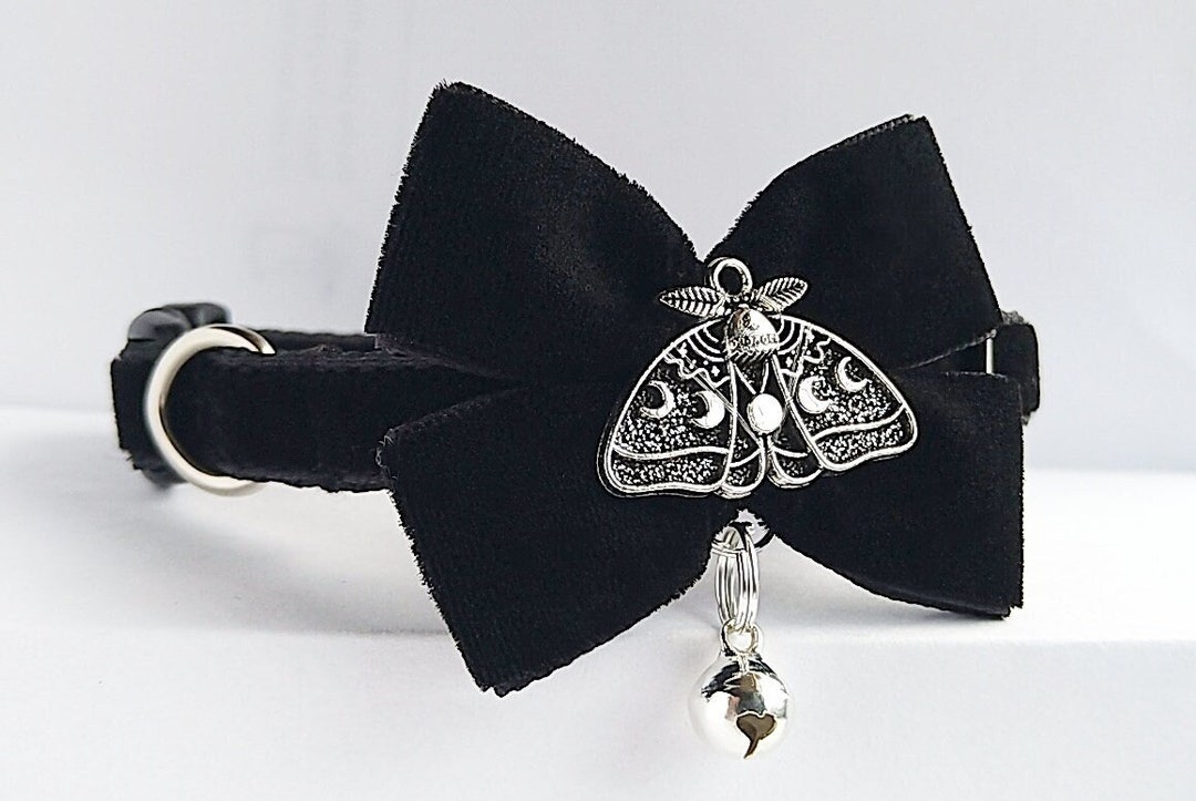 Moth Moon Phase Cat Collar: Gothic Velvet Bow Tie, Breakaway Buckle - Etsy