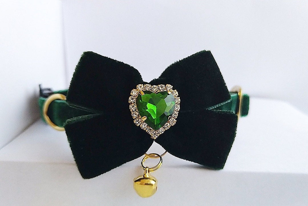 Emerald Velvet Cat Collar: Crystal Detail, Green Bow Tie, Breakaway ...