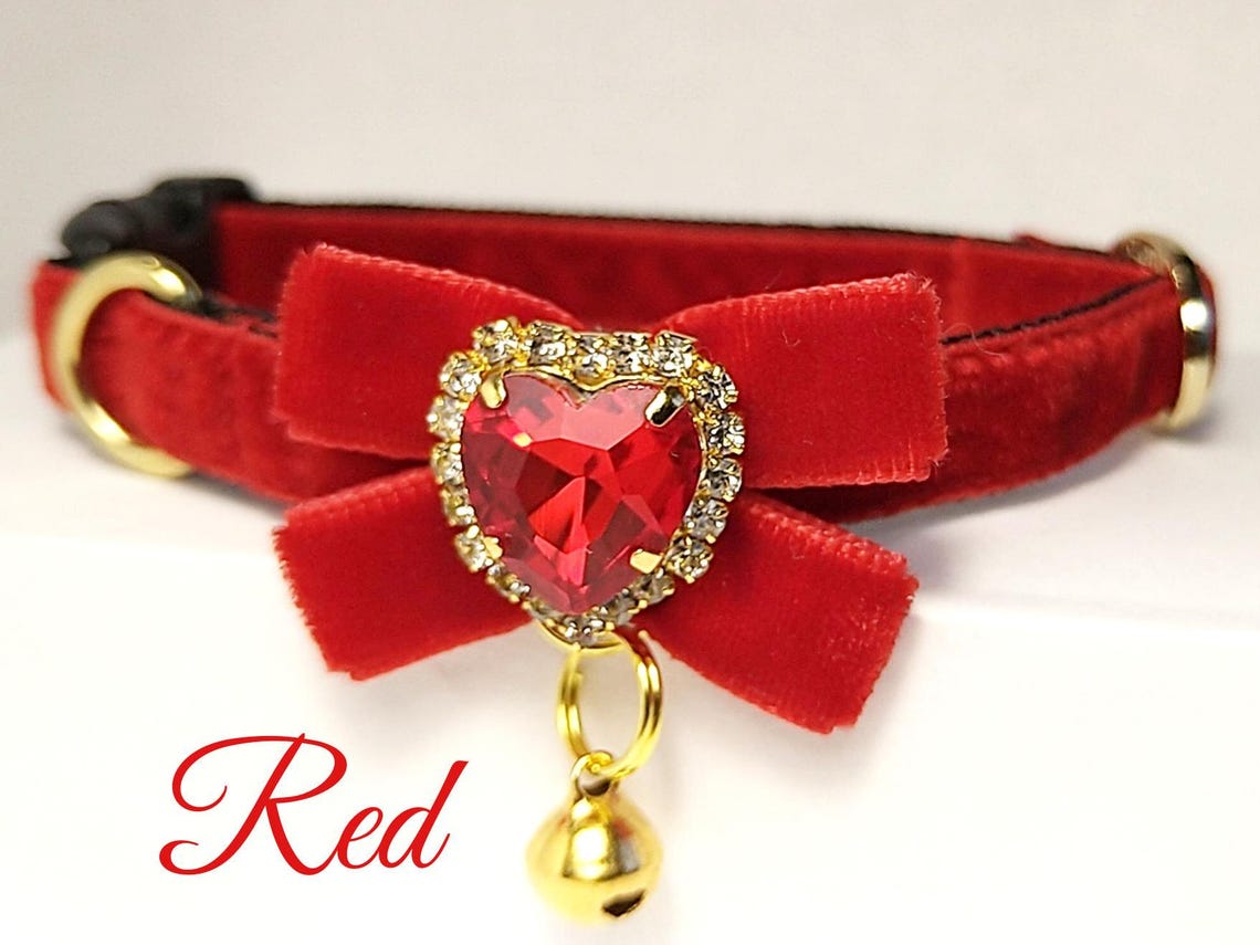 Red Velvet Cat Collar: Heart ID Tag Bow, Crystal Bell, Breakaway - Etsy