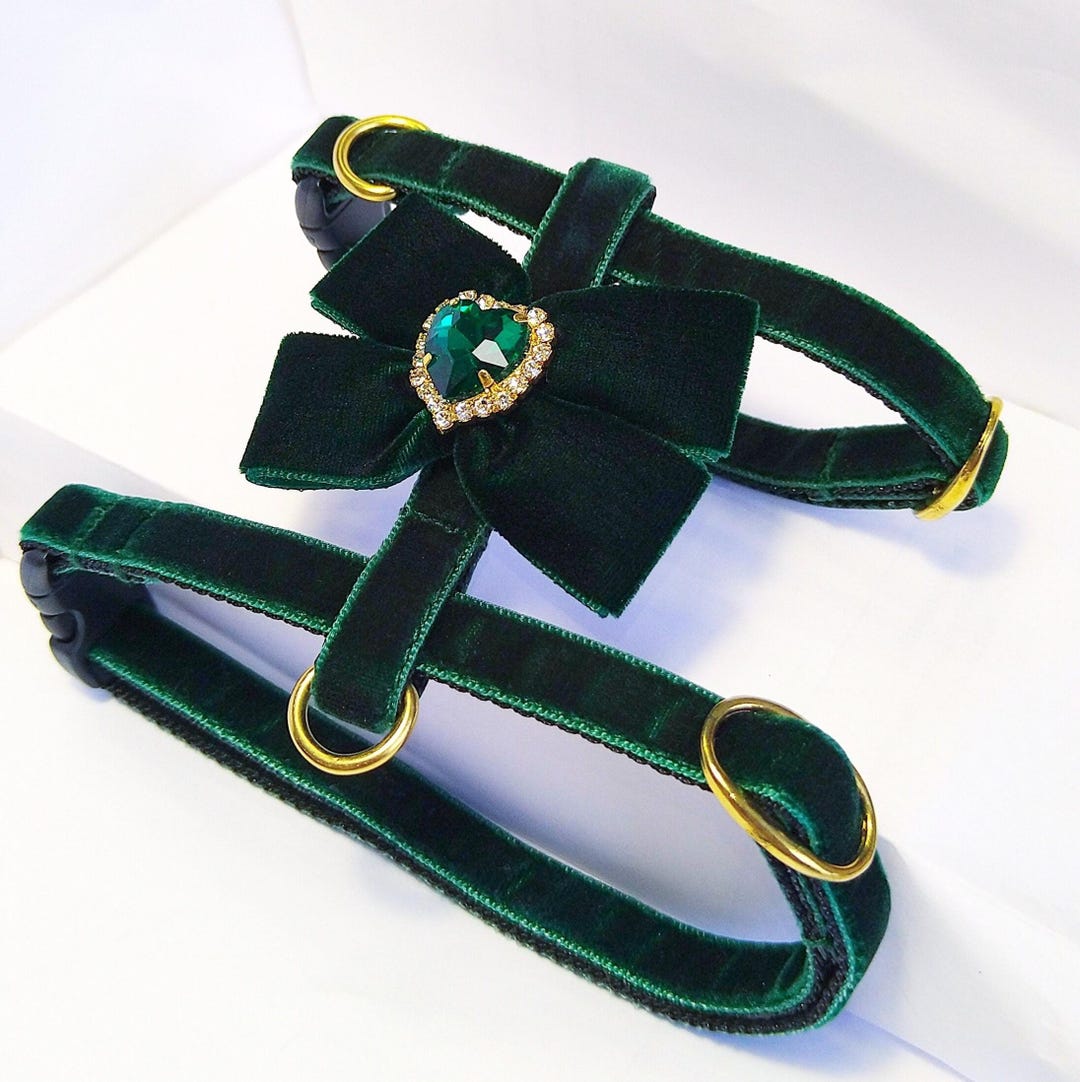 Luxury Dark Green Velvet Cat Harness: Crystal Bow Detail - Etsy