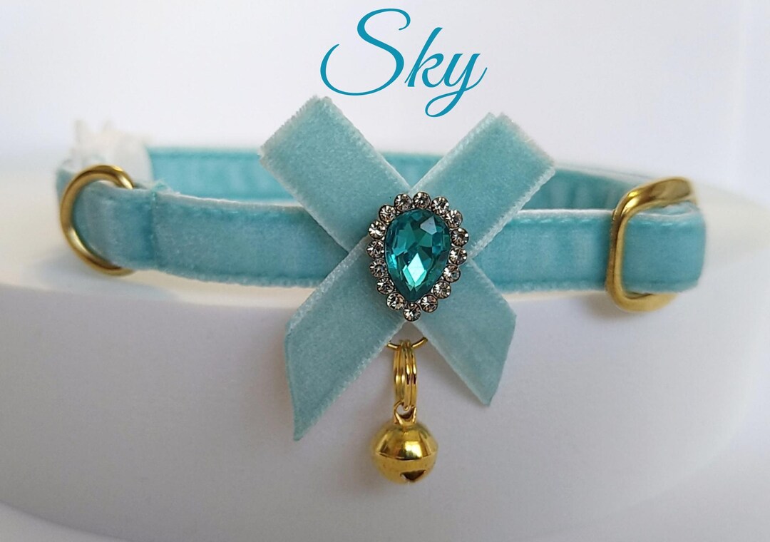 Velvet Cat Collar: Sky Blue Bow With Crystal, Bell - Breakaway/non ...