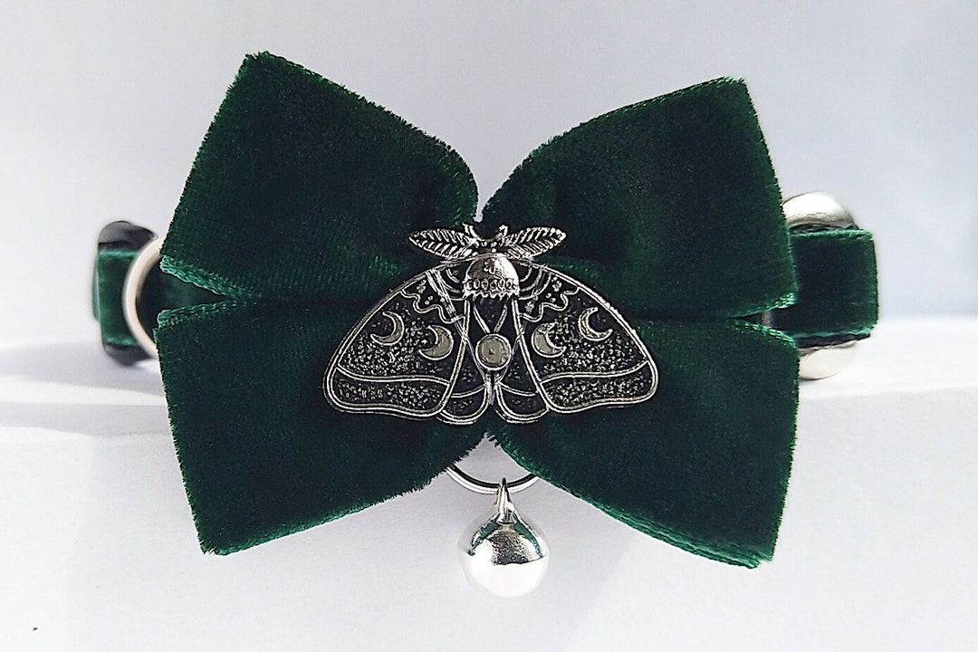 Moon Moth Cat Collar: Gothic Bow Tie, Silver Talisman - Etsy