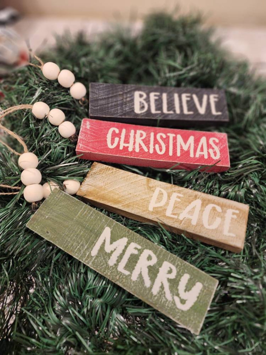 Set of 4 Handpainted Rustic Block Christmas Ornaments Made From ...