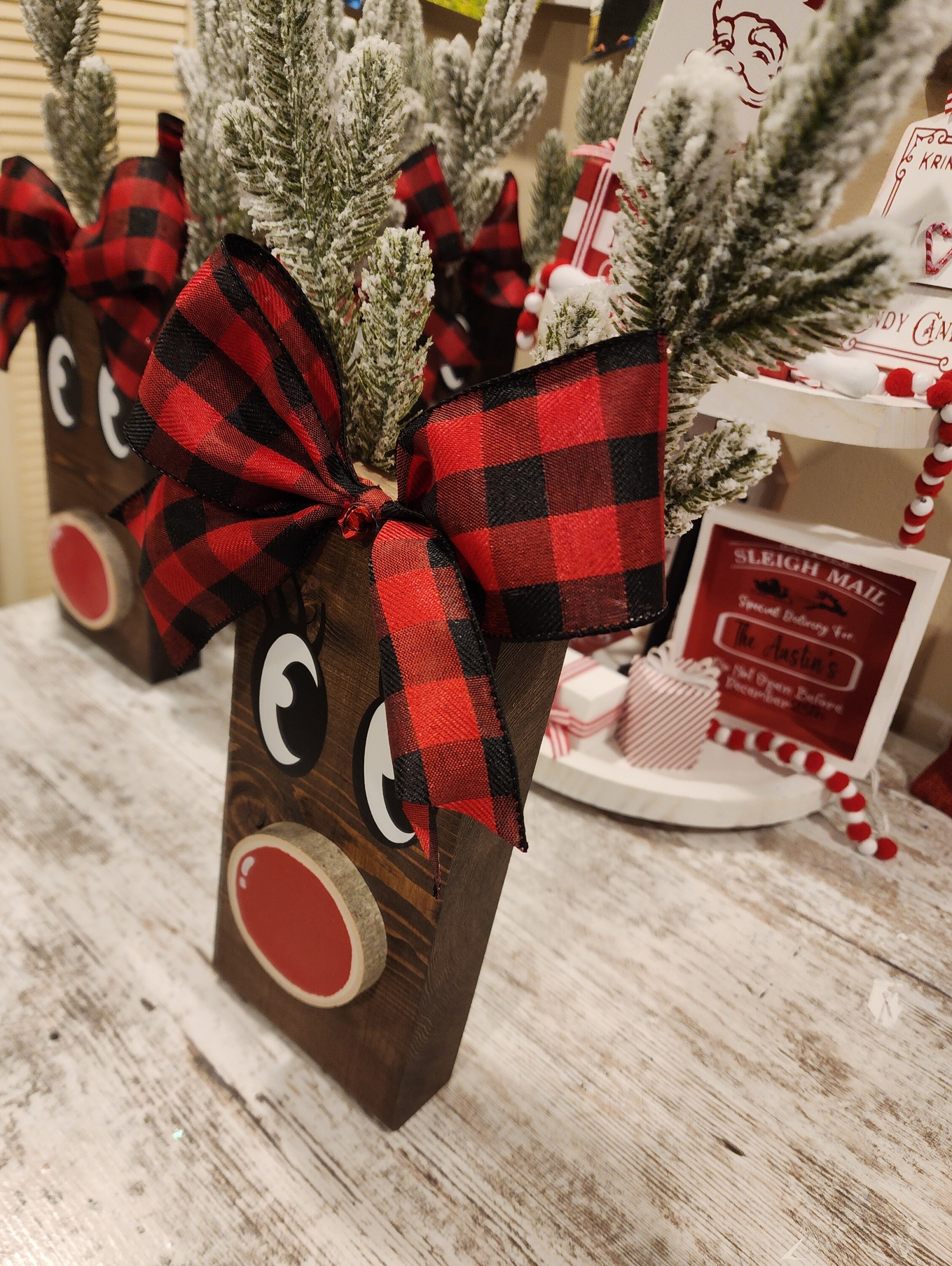 Wooden Reindeer With Buffalo Check Bow, Christmas Shelf Sitter - Etsy