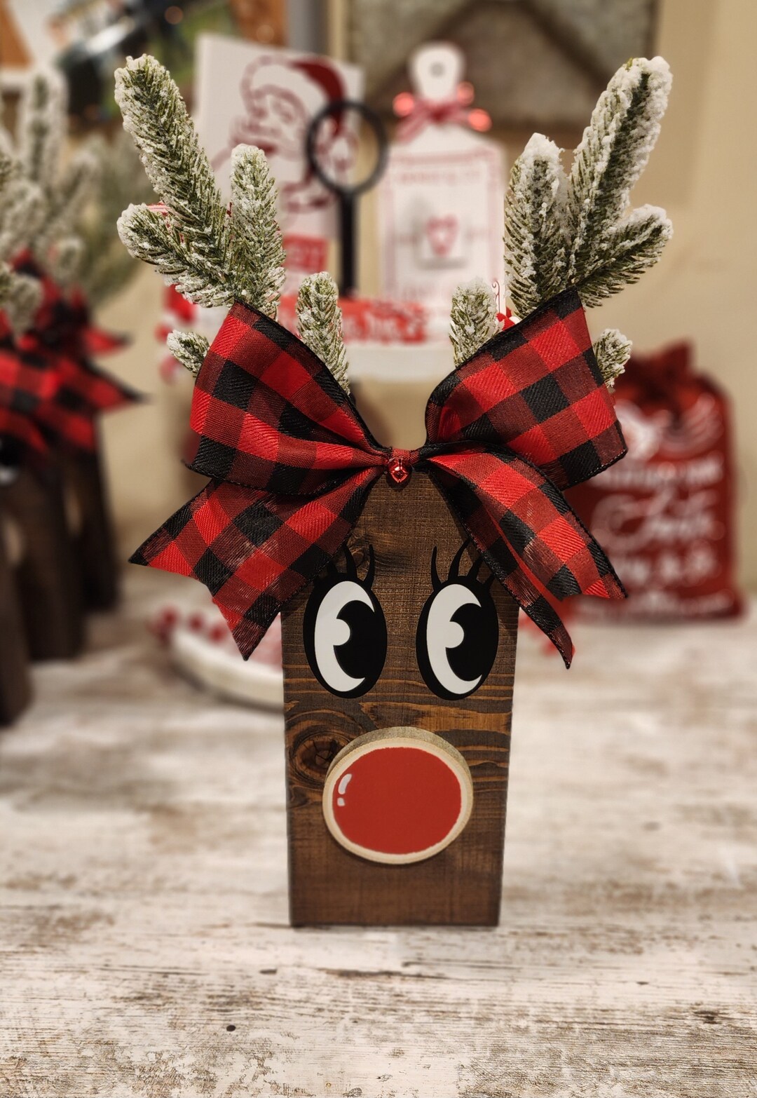 Wooden Reindeer With Buffalo Check Bow, Christmas Shelf Sitter - Etsy