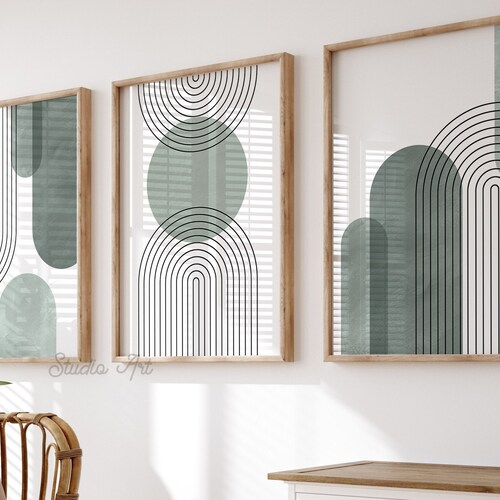 Green and Beige Mid Century Modern Geometric Art Set of 3 - Etsy