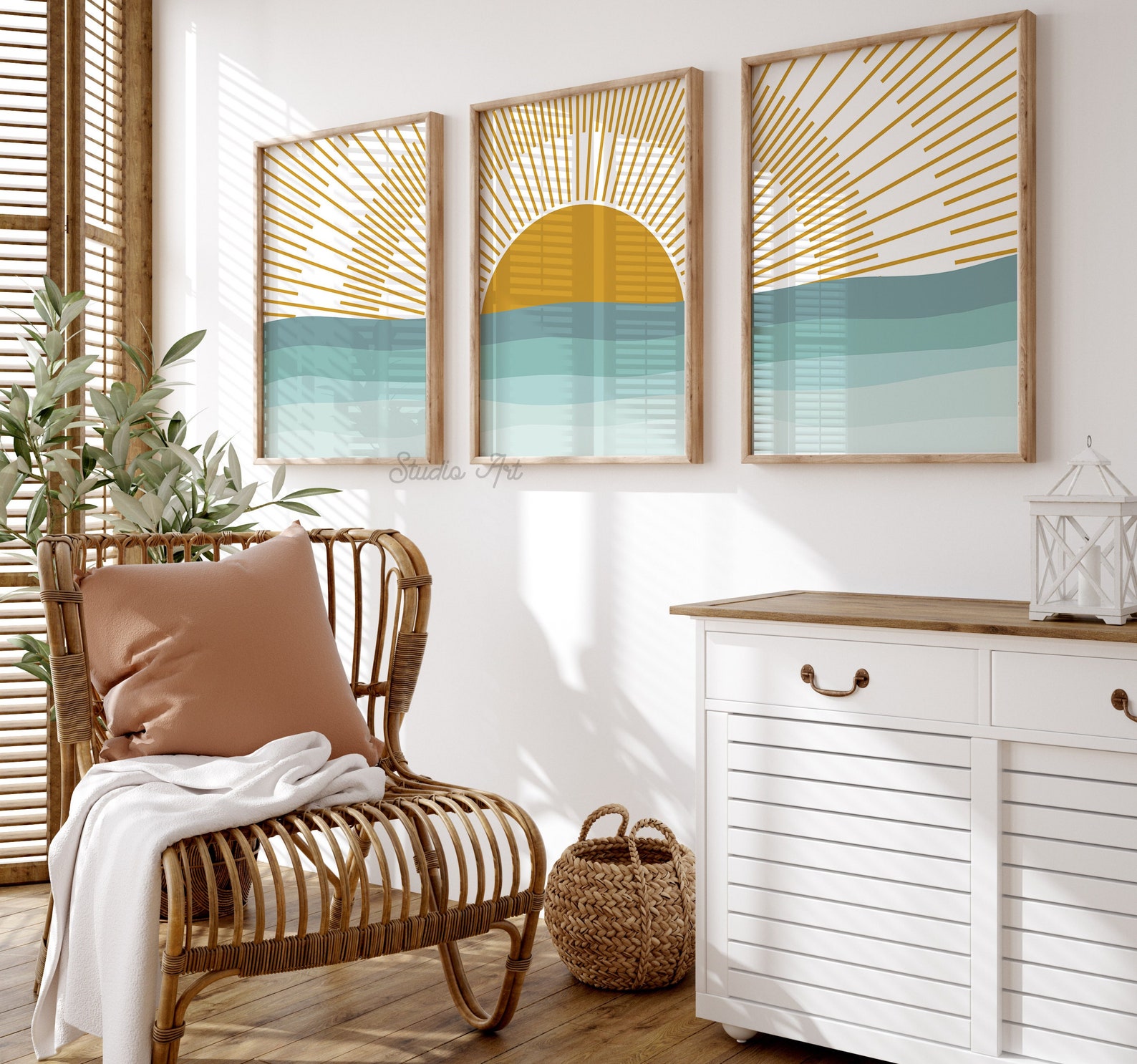 Yellow Sun Print Set of 3 Boho Ocean Sunset Printable Art - Etsy
