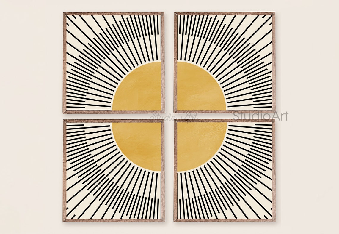 Yellow Sun Print Set of 4 Square Mid Century Modern Sun Wall | Etsy