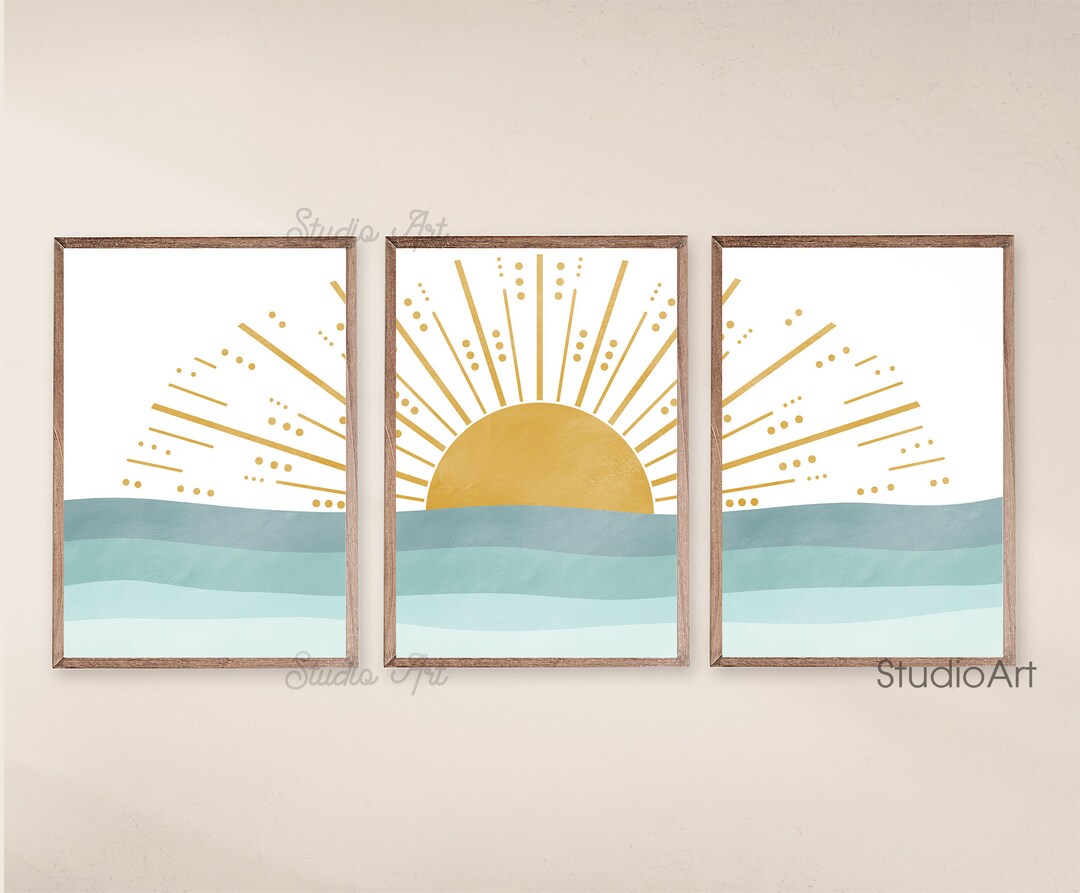 Yellow Sun Print Set of 3, Boho Ocean Sunset Printable Art, Nursery ...