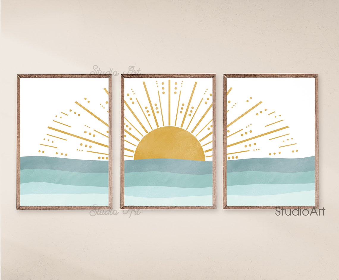 Yellow Sun Print Set of 3 Boho Ocean Sunset Printable Art - Etsy