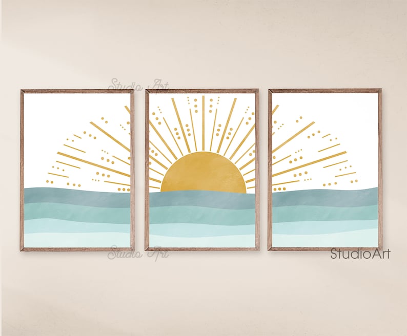 Yellow Sun Print Set of 3 Boho Ocean Sunset Printable Art - Etsy