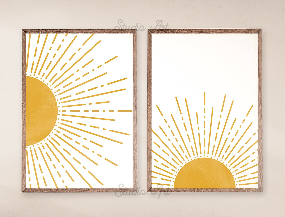 Printable Art, Yellow Sun Print Set, Sun Print Set of 2 Prints, Yellow ...