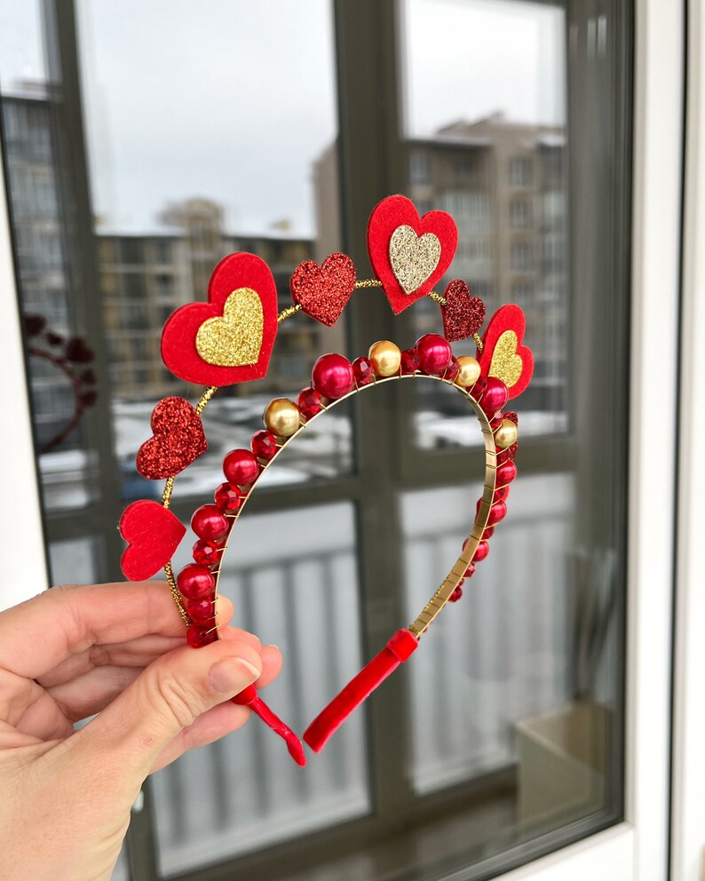 Red Heart Crown Valentines Day Headband Hearts Bachelorette Etsy