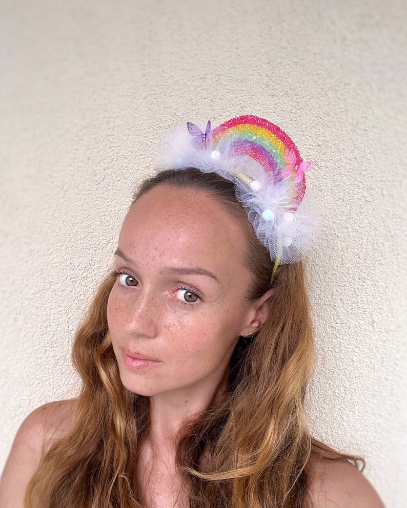 Rainbow Birthday Headband: Tulle Clouds, Rainbow Bow - Etsy