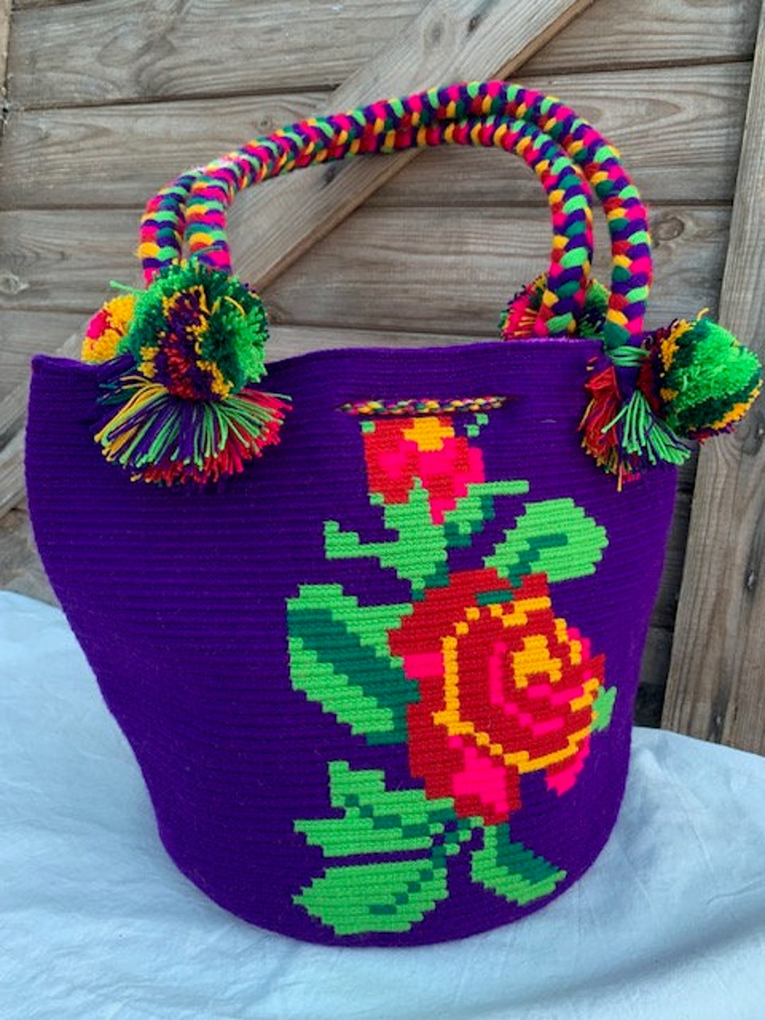 Wayuu Mochila Pom-pom Special - A Stunning Bag - Purple With Rose ...