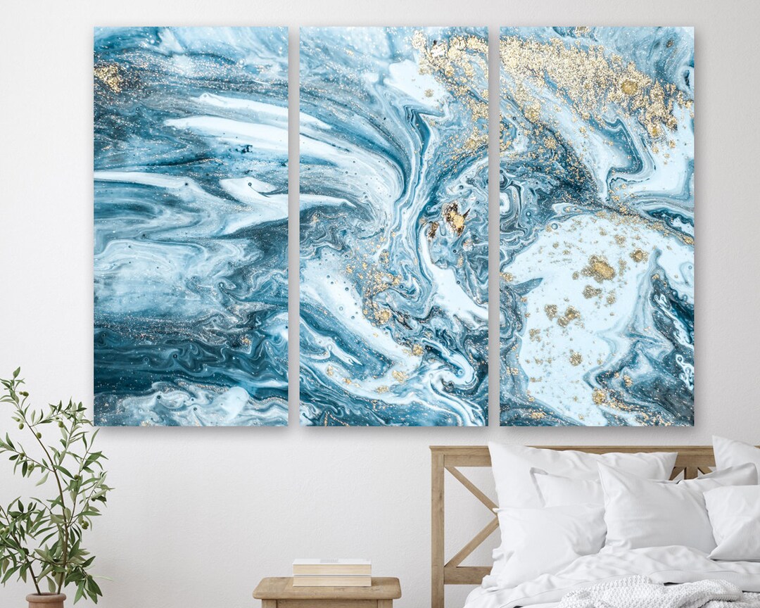 Blue Marble Wall Decor Abstract Print, Marble Large Canvas Art, Glitter ...