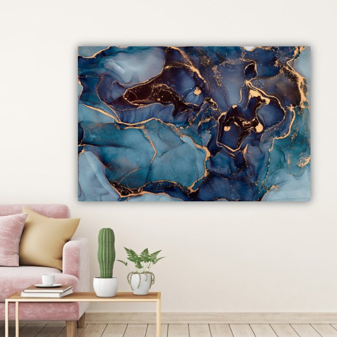 Dark Blue Marble Wall Art, Blue and Gold Marble Wall Decor, Golden ...