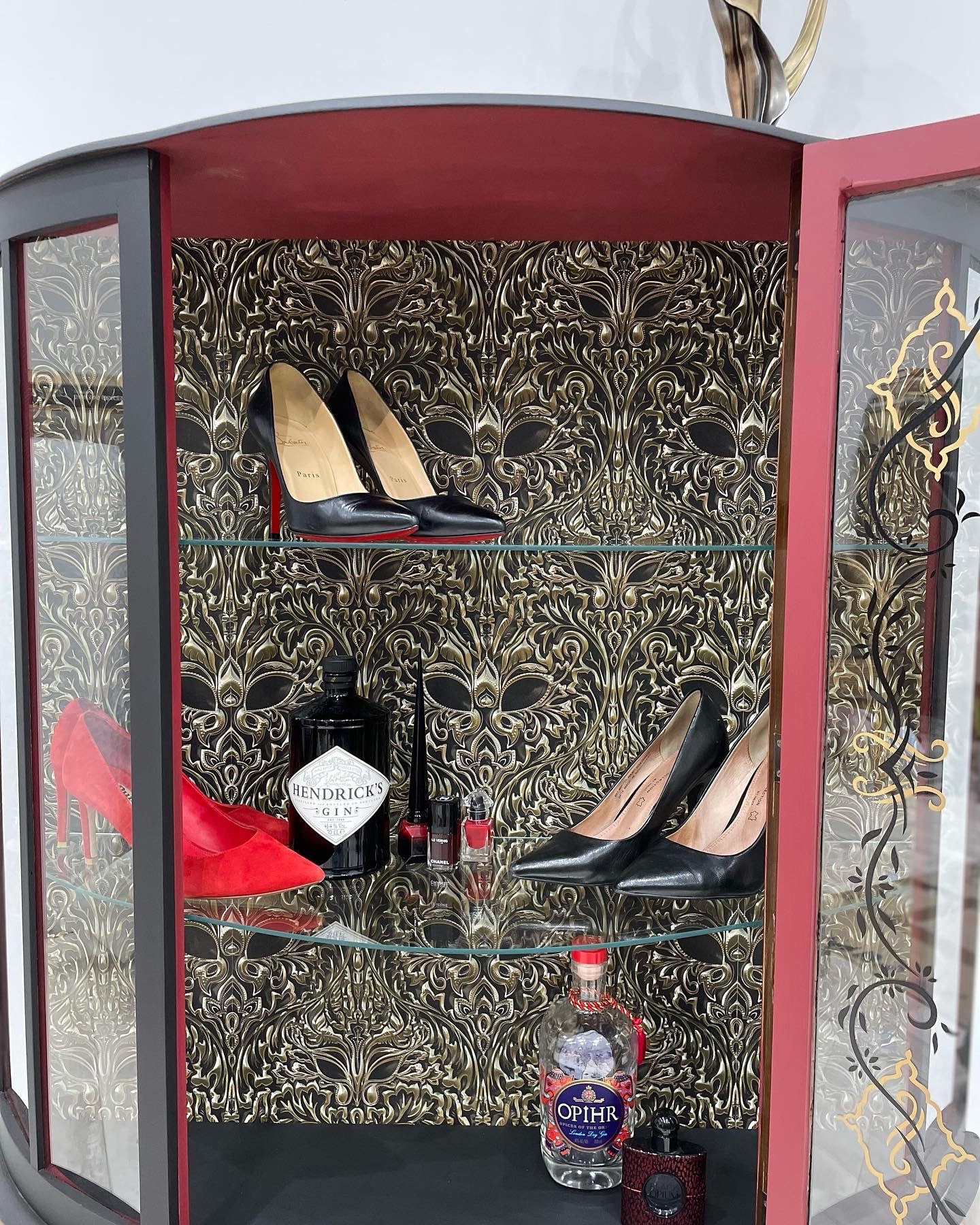 GIN CABINET Display Glass ** SOLD ** Red Black Gold Vintage Painted ...