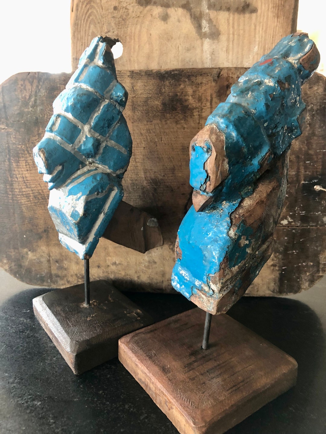 Reclaimed Architectural Salvage Horse Corbels / Bracket / Statue Pair on Stand Indian Hand ...