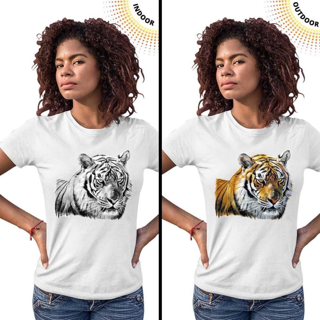 Sunlight Activated T-shirt, Tiger Head Portrait Color Changing Tee ...