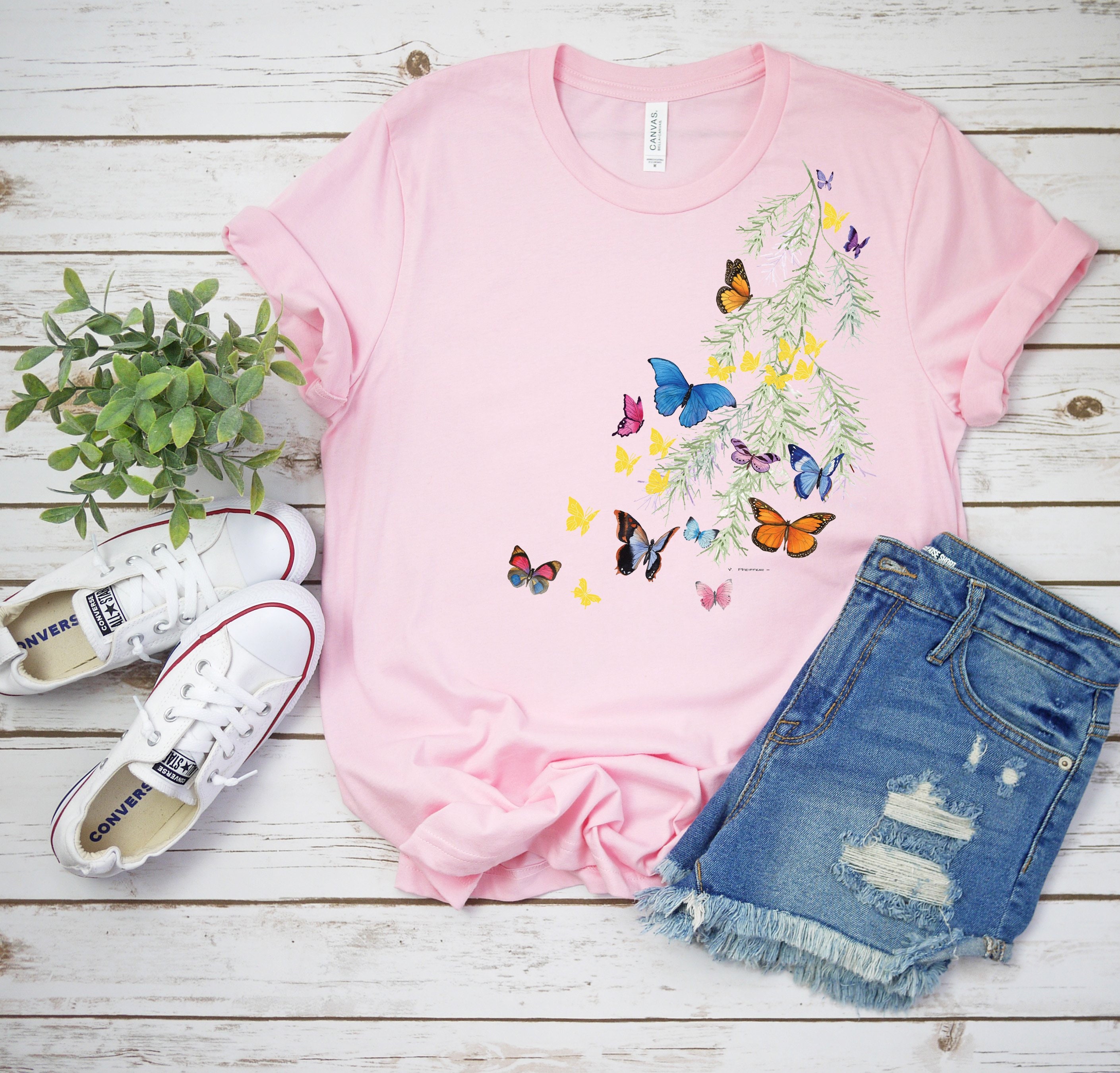 Butterfly T-shirt Butterflies Shoulder Tee Springtime Floral | Etsy