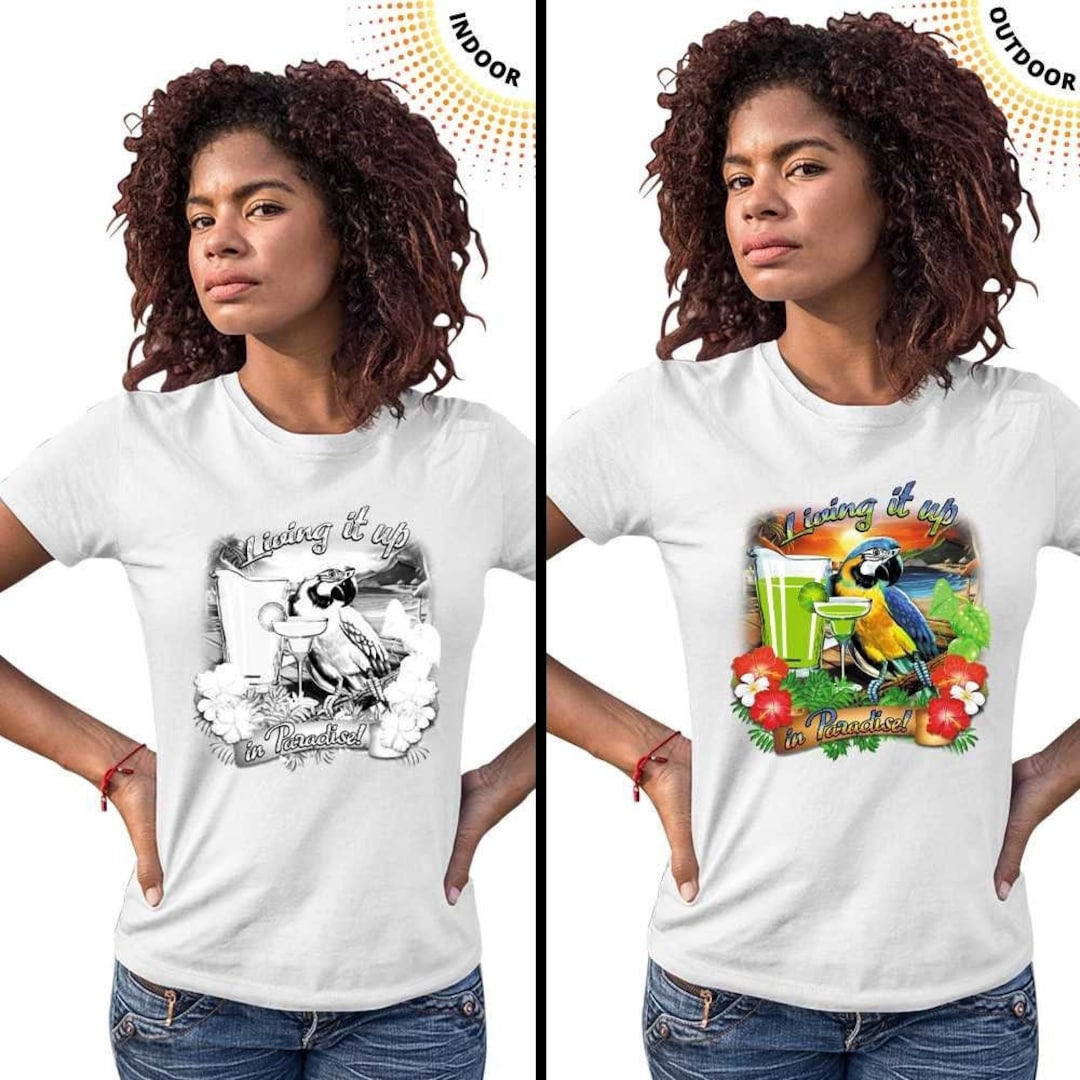 UV Light T-shirt, Fun Sun Activated Tee, Tropical Parrot Margarita ...