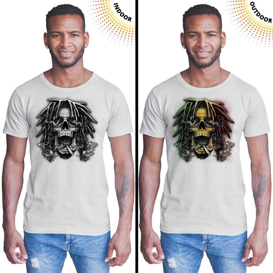 Color Changing T-shirt, Rasta Skull Smoking Solar Tee, Sunlight ...