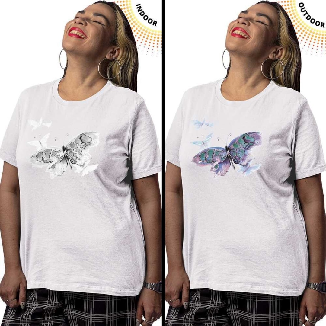 Color Changing T-shirt, Watercolor Butterfly Solar Tee, Sunlight ...