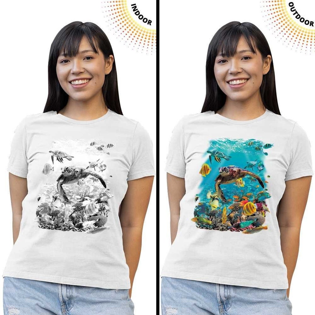 UV Light T-shirt, Fun Sun Activated Tee, Turtle Ocean Fish Color ...
