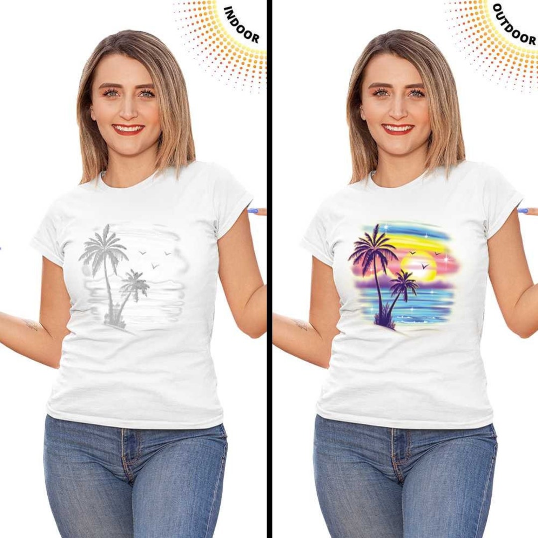 Color Changing T-shirt, Airbrush Palm Tree Sunset Solar Tee, Sunlight ...