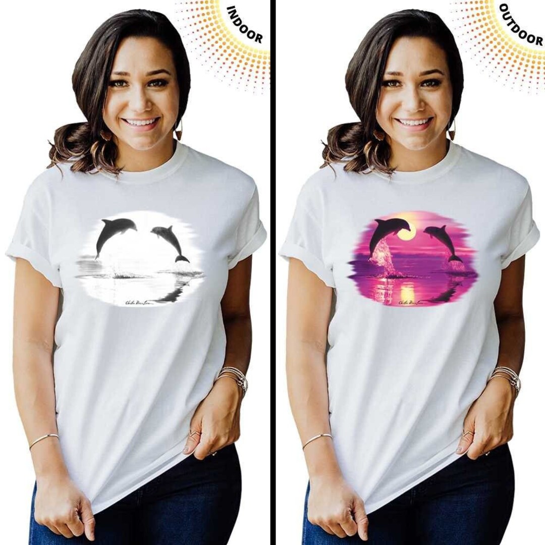 Sunlight Activated T-shirt, Dolphin Sunset Lovers Silhouette Color ...
