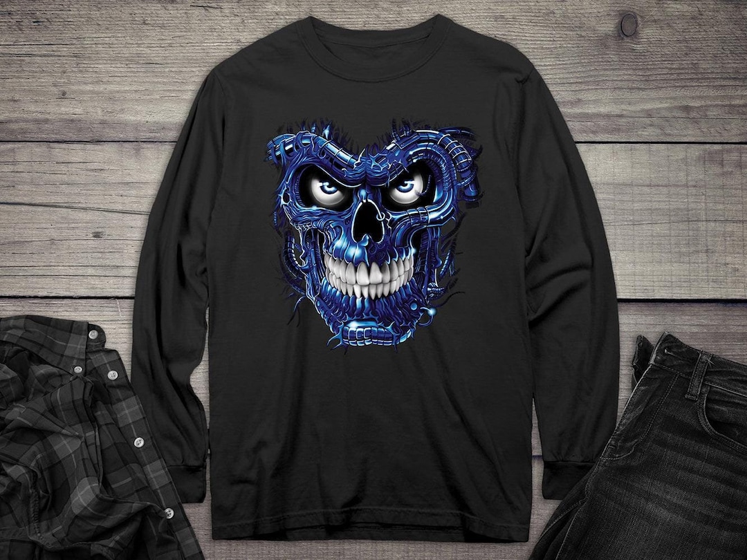 Fantasy Long Sleeve, Terminator Skull Blue Long Sleeve Tee, Terminator ...