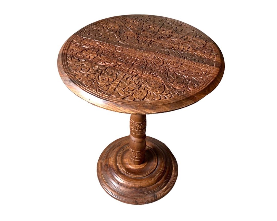 Decorative Hand-carved Pakistani Wooden Small Table Round 16" (40cm ...